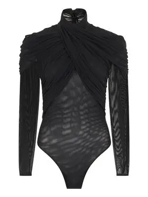 MUGLER Draped Mesh Long Sleeve Bodysuit - Black