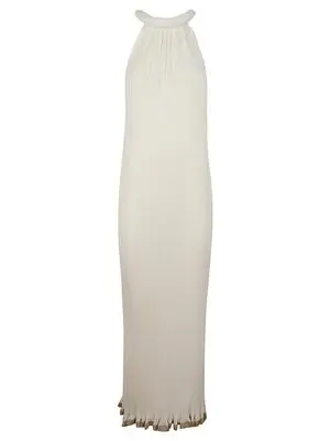 Alberta Ferretti Long Plissé Knit Halterneck Dress - White