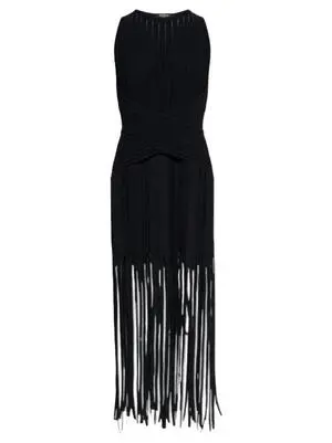 Balmain Sleeveless Round Neck Knit Dress With Fringe - Black