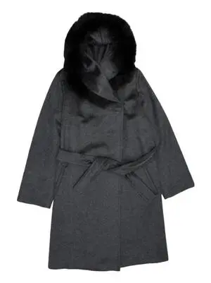 Max Mara Hooded Wool Coat With Fur Collar - Gray