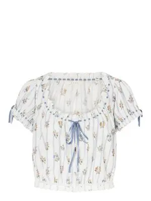 DÔEN DOEN Broderie Anglaise Floral Striped Blouse With Ribbon Details White