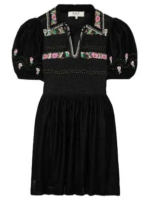 Sea Embellished Mini Dress With Puff Sleeves - Black