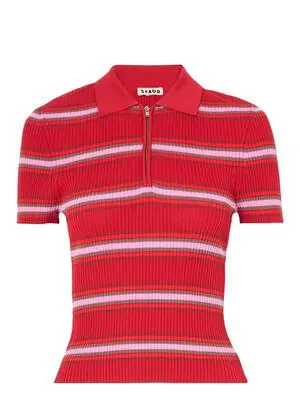 Staud Staud "Ren" Striped Ribbed Knit Polo Shirt Red