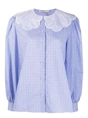 Alessandra Rich Checked Scalloped Collar Blouse - Blue