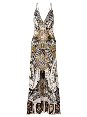 Camilla Printed Silk-satin Maxi Dress With Embellished Straps - Gray