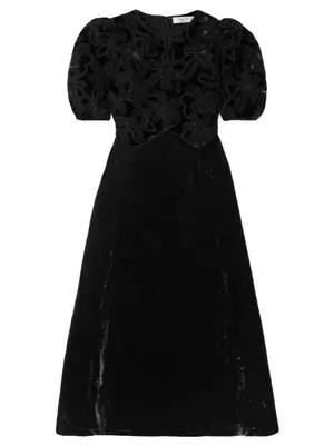 SEA Sea Embroidered Lace-Trimmed Puff Sleeve Midi Dress