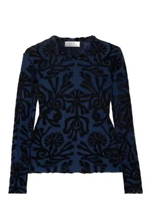 Sea Velvet Top With Abstract Floral Pattern - Black