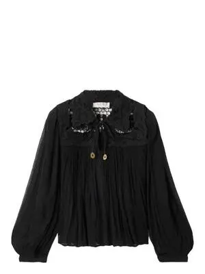 Sea Lace-trimmed Crinkled Crepon Blouse - Black