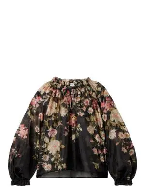 Sea Ruffled Printed Organza Blouse - Black