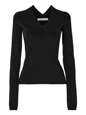 Carven Ribbed Silk-blend V-neck Top - Black