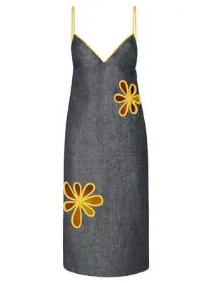 Fendi V-neck Denim Midi Dress With Ajour Motif - Blue