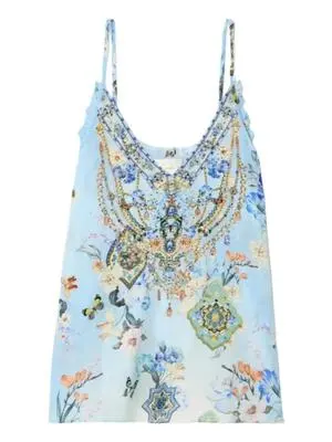 Camilla Printed Spaghetti Strap Tank Top With Crystal Embellishments - Multicolor