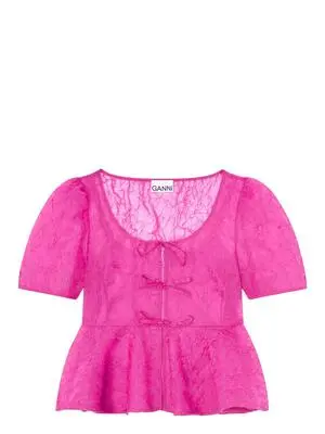 GANNI Shibori Organza Peplum Top - Raspberry Rose