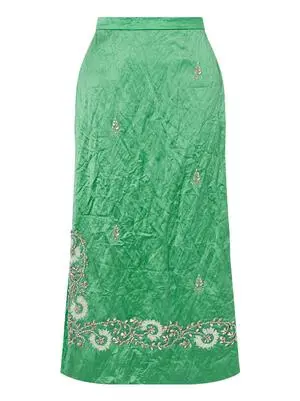 Erdem Floral Embroidered Crinkled Satin Midi Skirt - Green