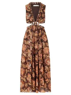 Zimmermann Aster Cut-out Printed Cotton Midi Dress - Brown