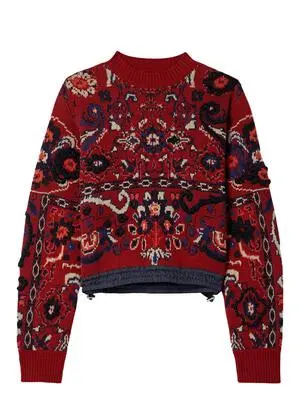 Sacai Embroidered Jacquard-knit Wool Sweater With Shell Trim - Red