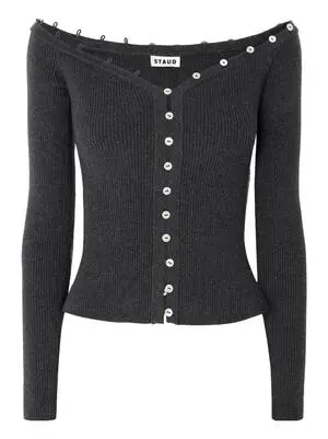 Staud Keaton Off-the-shoulder Ribbed Knit Cardigan - Dark Gray