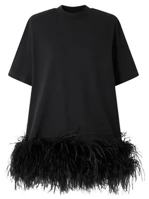 Attico Feather-trimmed Cotton-jersey Mini Dress - Black