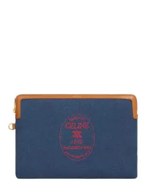 Celine Small Pouch With Strap In Textile With Embroidery - Blue