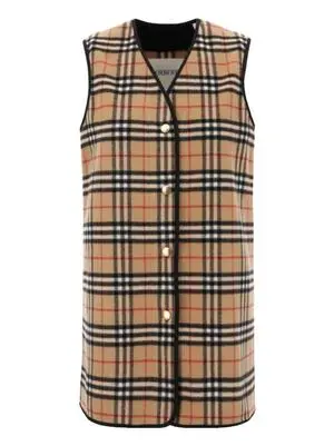 Burberry Plaid Sleeveless V-neck Jacket With Gold Buttons - Nude