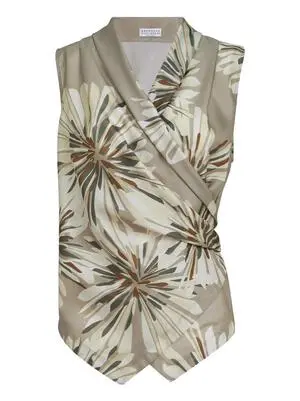 Brunello Cucinelli Brunello Cucinelli Sleeveless Floral Wrap Top Khaki