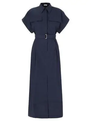 Brunello Cucinelli Belted Short-sleeve Dress - Blue