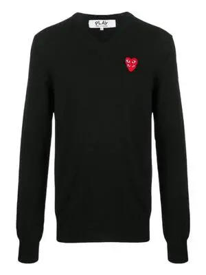 Play Comme Des Garcon Comme Des Garçons Play V-neck Knit Jumper With Heart Appliqu - Black