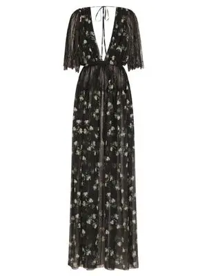 Dolce & Gabbana Floral Lace Trimmed V-neck Maxi Dress - Black