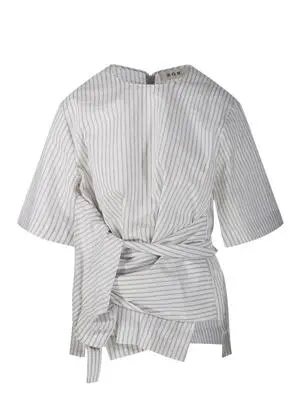 RÓHE Striped Wrap Top With Belt - Gray