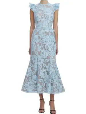 SELF-PORTRAIT Floral Embroidered Midi Dress - Blue