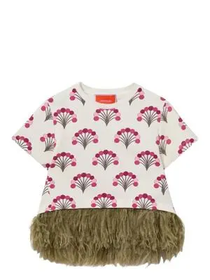 La DoubleJ Floral Print Cropped T-shirt With Feather Trim - White