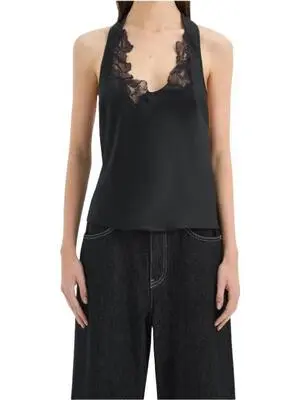 SIR. Halter Neck Lace Trim Backless Top - Black