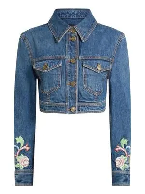 Etro Cropped Denim Jacket With Floral Embroidery - Blue