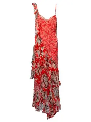 Etro Draped Asymmetric Ruffled Floral Paisley Print Silk Maxi Dress - Red