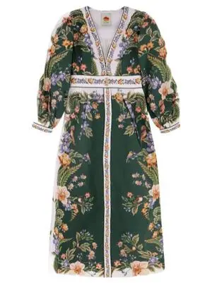 Farm Rio Long Sleeve Floral Print Maxi Dress - Green