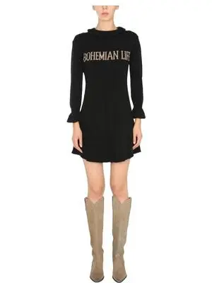 Alberta Ferretti Ruffled Neck Mini Flared Dress - Black