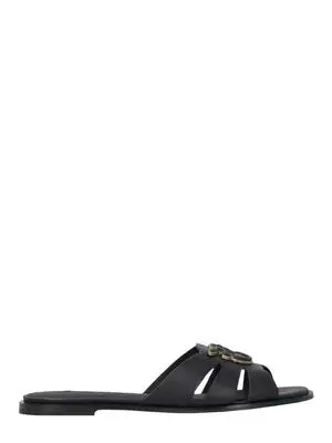 Pinko Open Toe Flat Slippers With Logo Plaque - Black