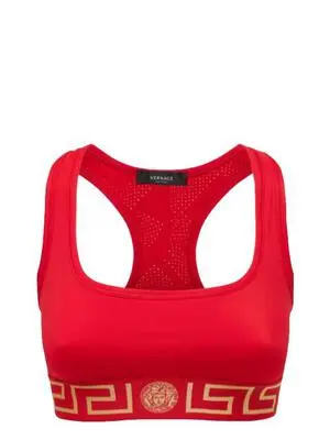Versace Greca Logo Stretch Tech Sports Bra  Red