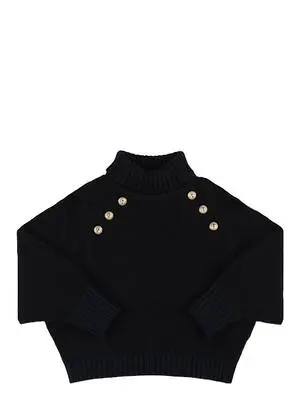 Balmain Wool Blend Knit Turtleneck Sweater With Button Detail - Black
