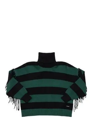 Monnalisa Viscose Blend Knit Turtleneck Sweater With Fringed Sleeves - Black
