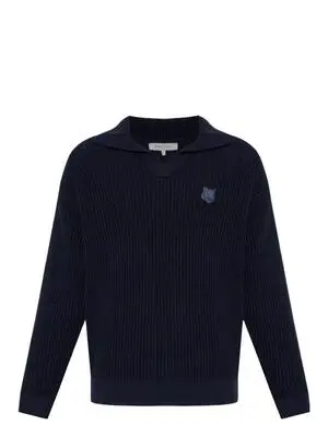 Maison Kitsuné Long Sleeve V-neck Sweater With Fox Head Embroidery - Black