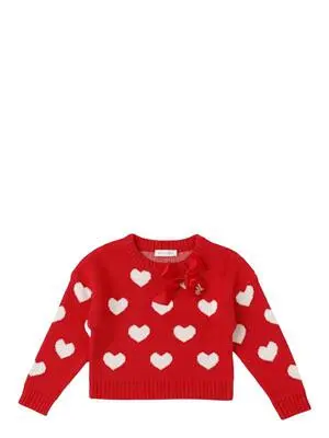 Monnalisa Cotton Blend Knit Sweater With Heart Print And Bow Detail - Red
