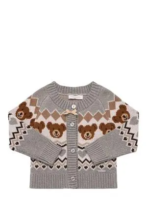 Monnalisa Jacquard Knit Cardigan With Teddy Bear Motif - Gray