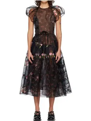 Simone Rocha Sheer Puff Sleeve Floral Embroidered Tulle Dress - Black