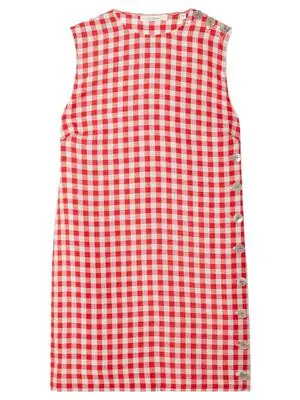DÔEN Gingham Plaid Round Neck Button Detailed Dress - Red