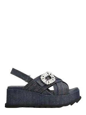 ROGER VIVIER Denim Wedge Sandals With Crystal Buckle - Black