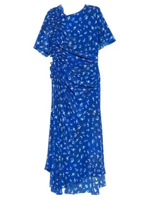 Victoria Beckham Floral Print Smocked Asymmetric Dress - Blue