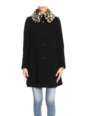 Moschino Long-sleeved Coat With Leopard Print Fur Collar - Black