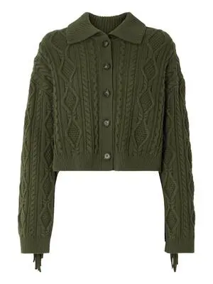 Simkhai Virginia Cropped Fringed Cable-knit Cardigan - Green
