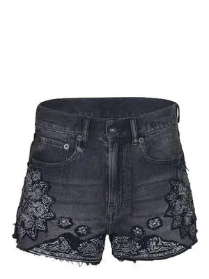 R13 X-boyfriend Distressed Denim Shorts With Paisley Applique - Black